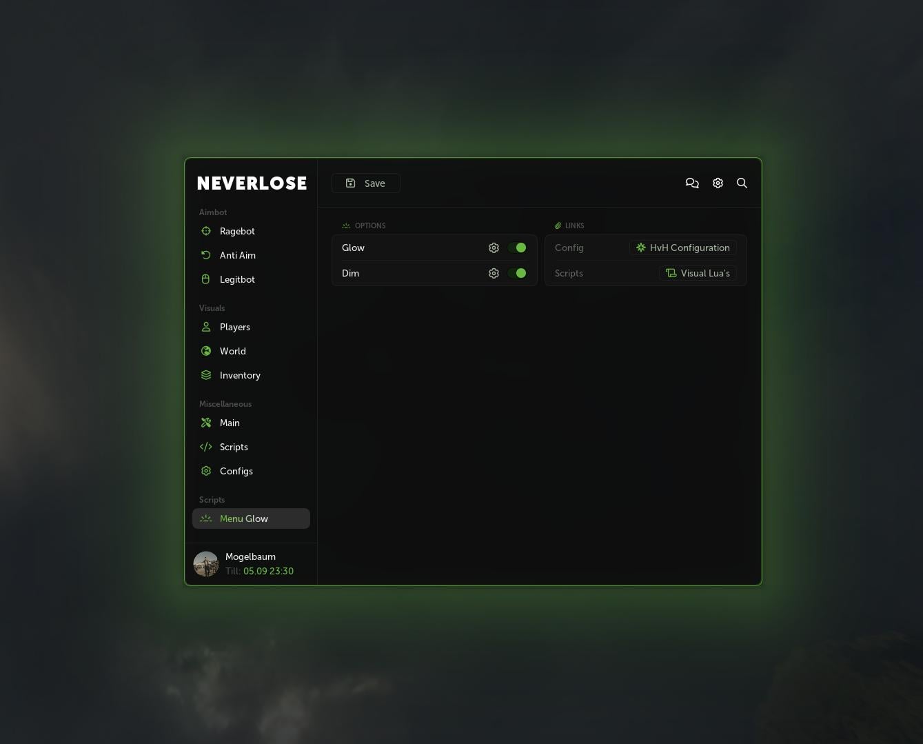 NeverLose.cc - Marketplace - Script "Menu Glow & Dim"
