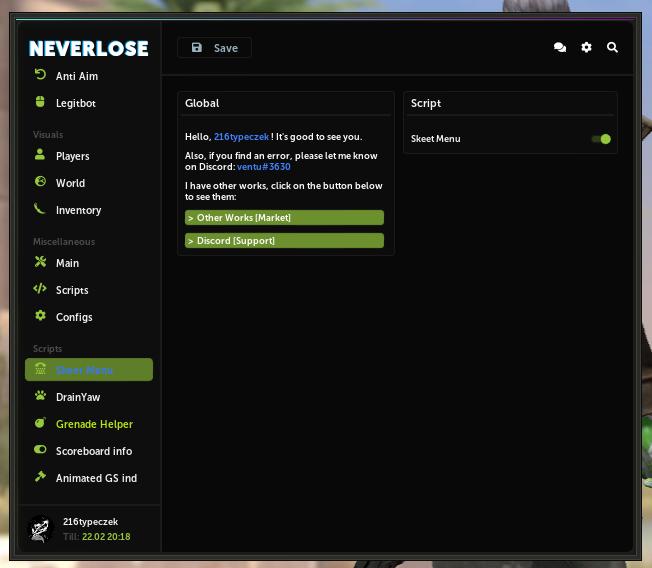 NeverLose.cc - Marketplace - Script "Sense Menu"