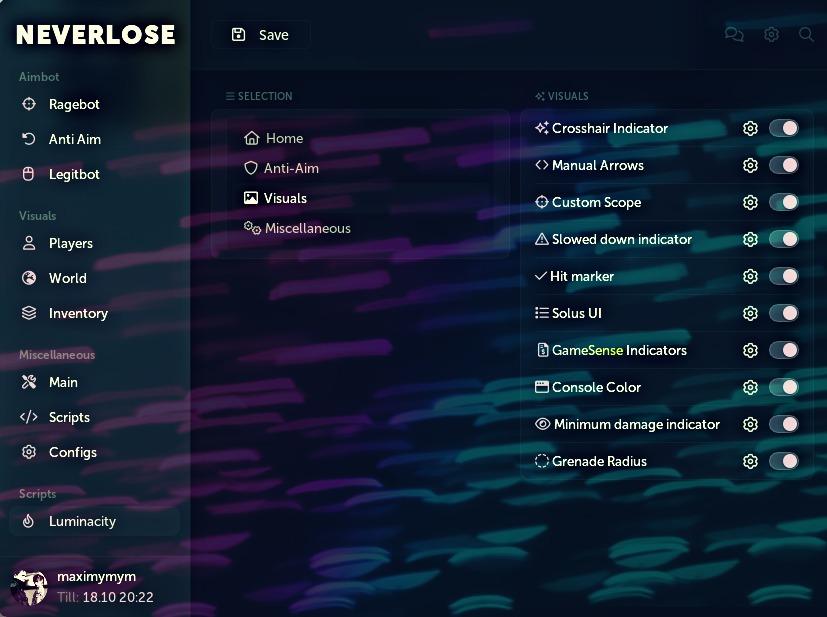 NeverLose.cc - Marketplace - Script "🌠 Luminacity.lua ~ Aimtools ...