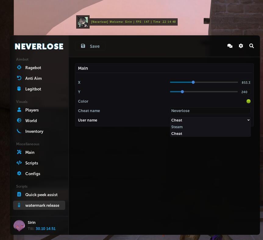 NeverLose.cc - Marketplace - Script "🔥Cool Watermark"