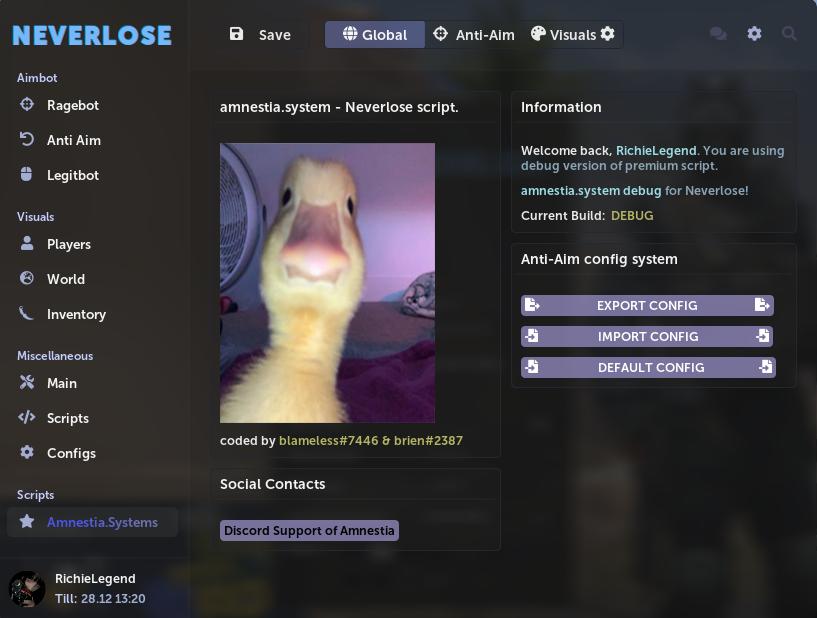 NeverLose.cc - Marketplace - Script "☄️ AMNESTIA.LUA ☄️[DEBUG VERSION OF V.I.P SCRIPT]"