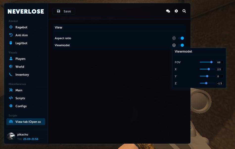 NeverLose.cc - Marketplace - Script "Custom viewmodel, aspect ratio [Not buggy] [Open source]