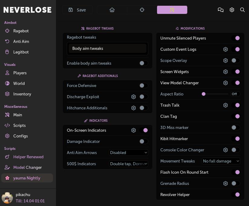 NeverLose.cc - Marketplace - Script "Yauma.lua 🥂 *NIGHTLY*"