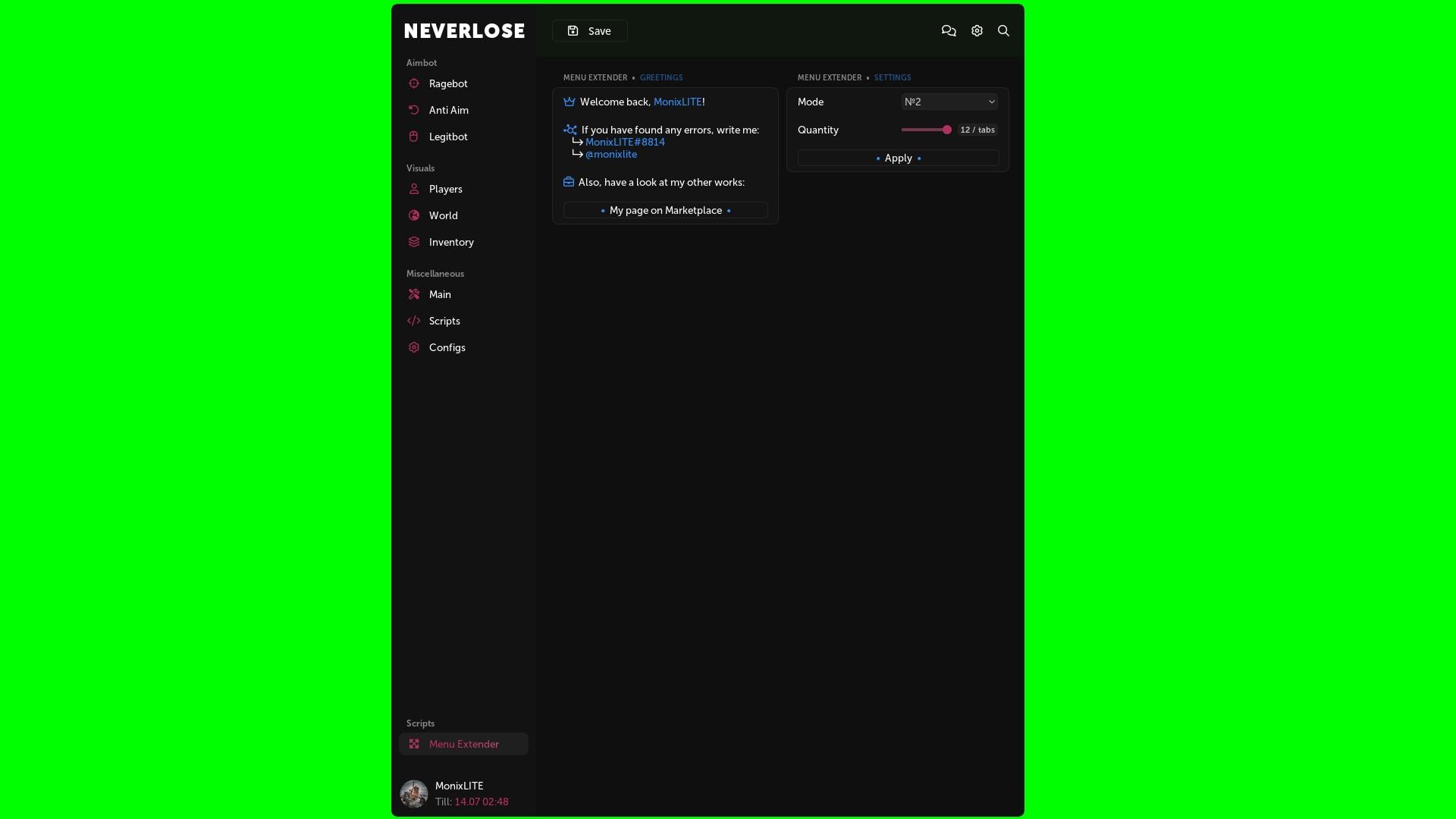 NeverLose.cc - Marketplace - Script "🖥️ Menu Extender | WTF?!"