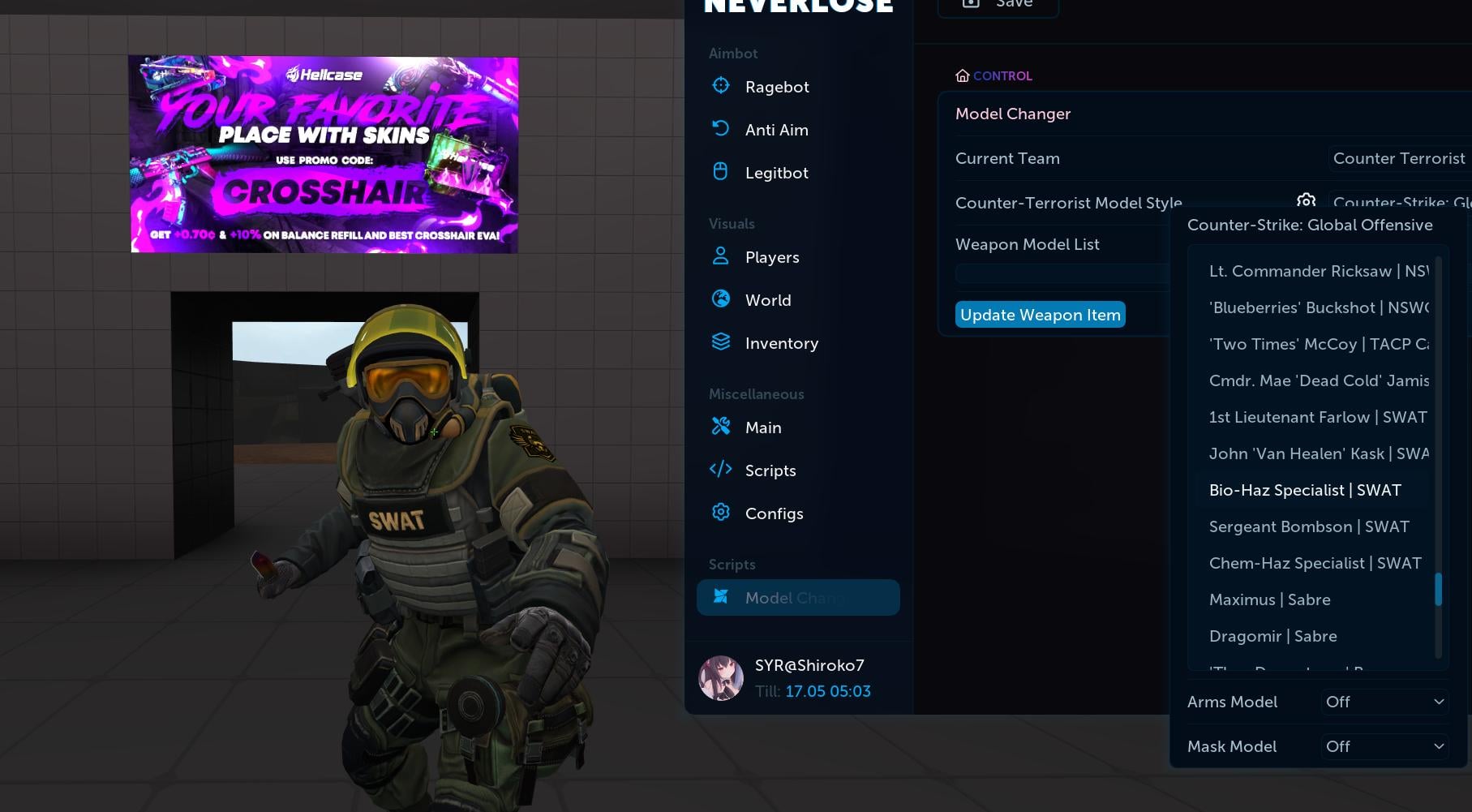 NeverLose.cc - Marketplace - Script " Player | Weapon Model Changer"