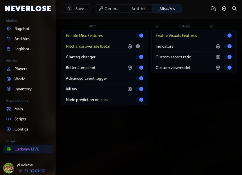 NeverLose.cc - Marketplace - Script "🍀Luckyaw.lua LIVE - the Superior Script🍀"