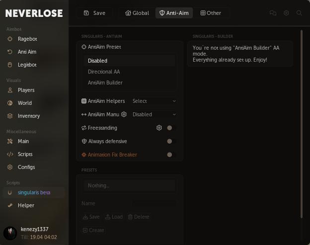 NeverLose.cc - Marketplace - Script "🟢 Singularis.Lua *beta* V3.3 Ready ...