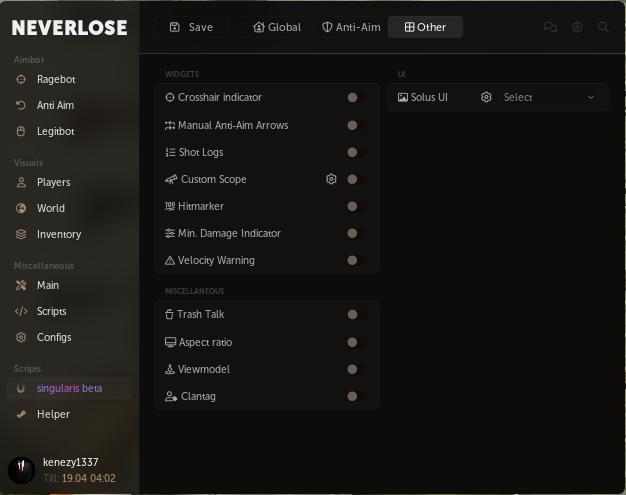 NeverLose.cc - Marketplace - Script "🟢 Singularis.Lua *beta* V3.3 Ready ...