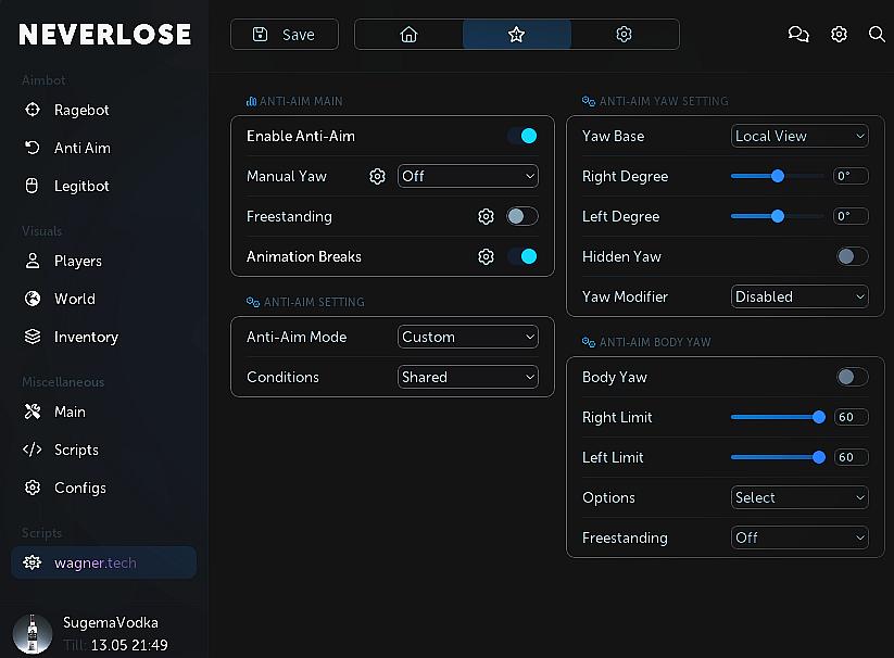 NeverLose.cc - Marketplace - Script "Wagner.Tech - (AA, UI, FIXREZOLVER, EXPLOIT)"