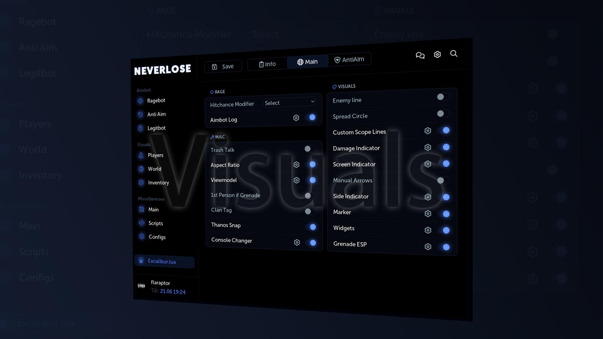 NeverLose.cc - Marketplace - Script "Excalibur.lua V3.3 🔥Full Recode🔥