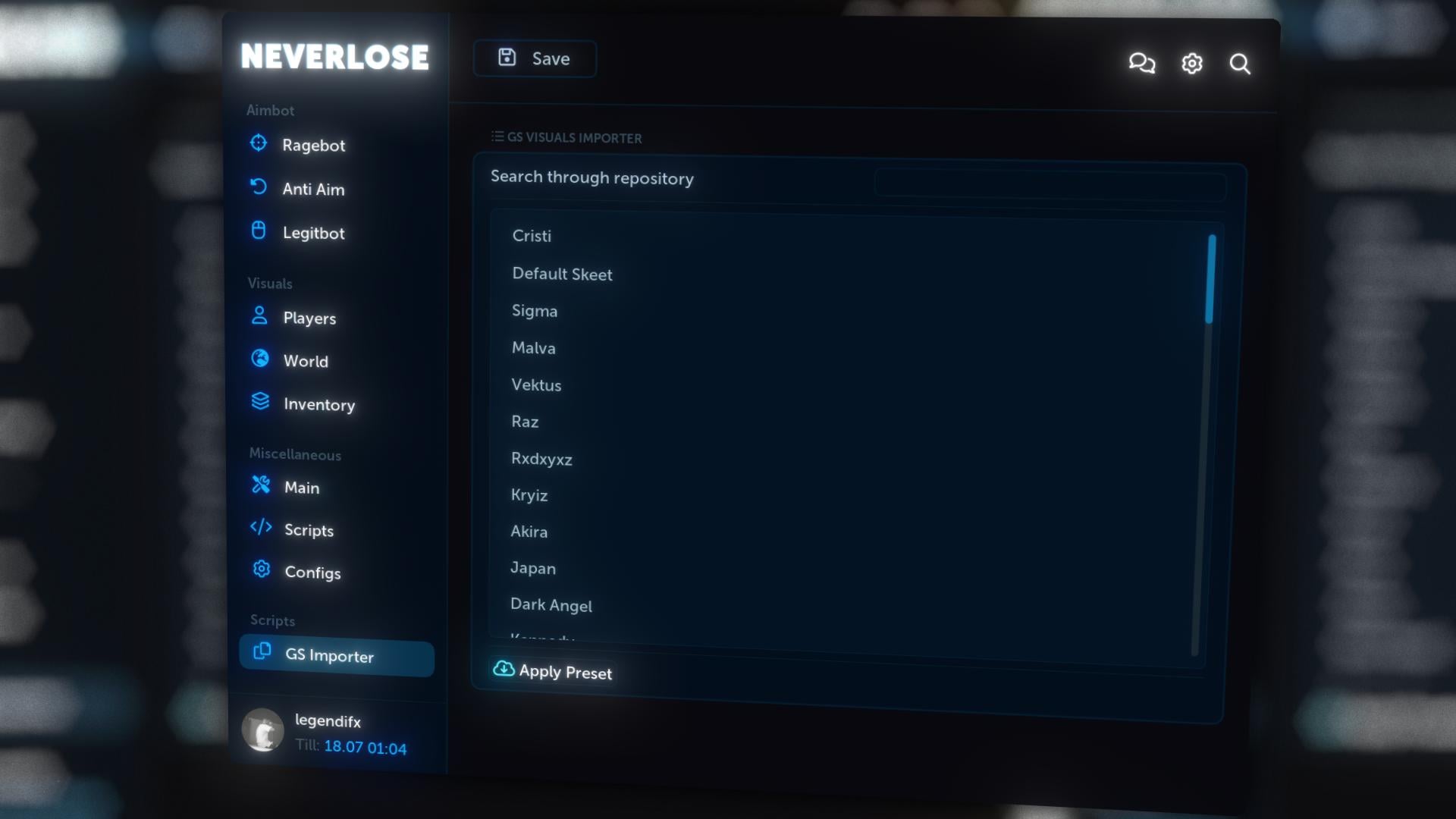 NeverLose.cc - Marketplace - Script "GS Visuals Importer"