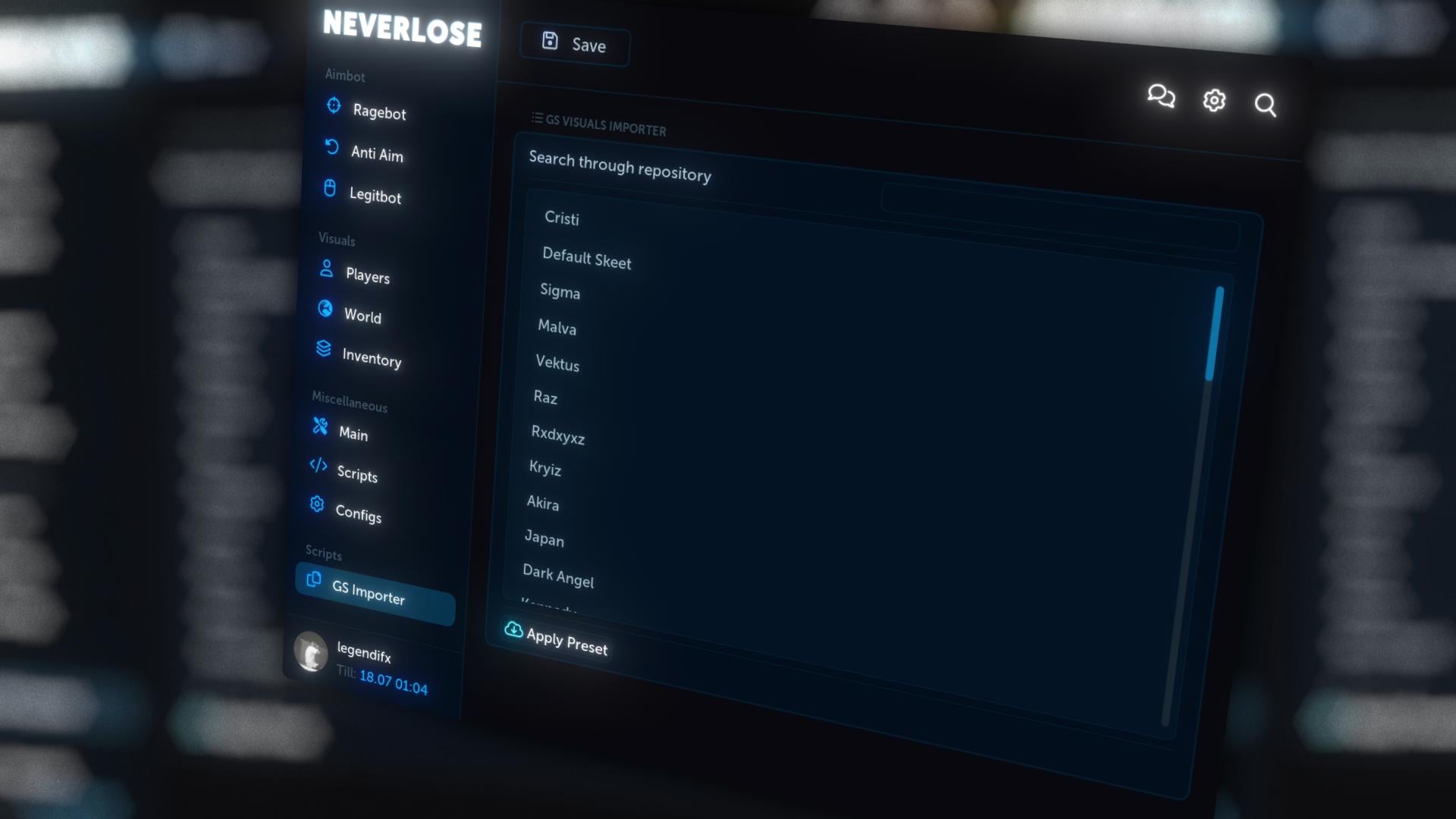 NeverLose.cc - Marketplace - Script "GS Visuals Importer"