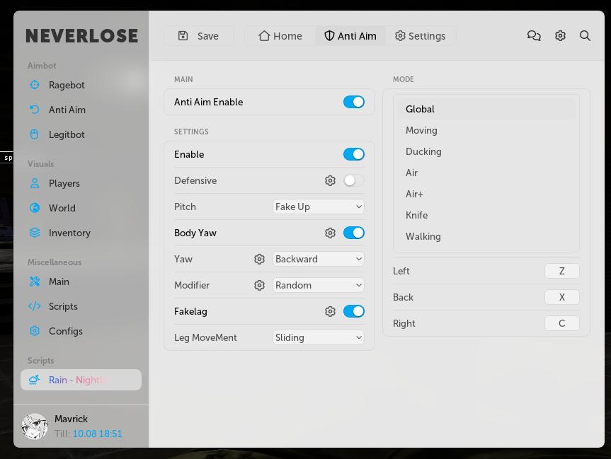 NeverLose.cc - Marketplace - Script "Rain.Tech - [Nightly]"
