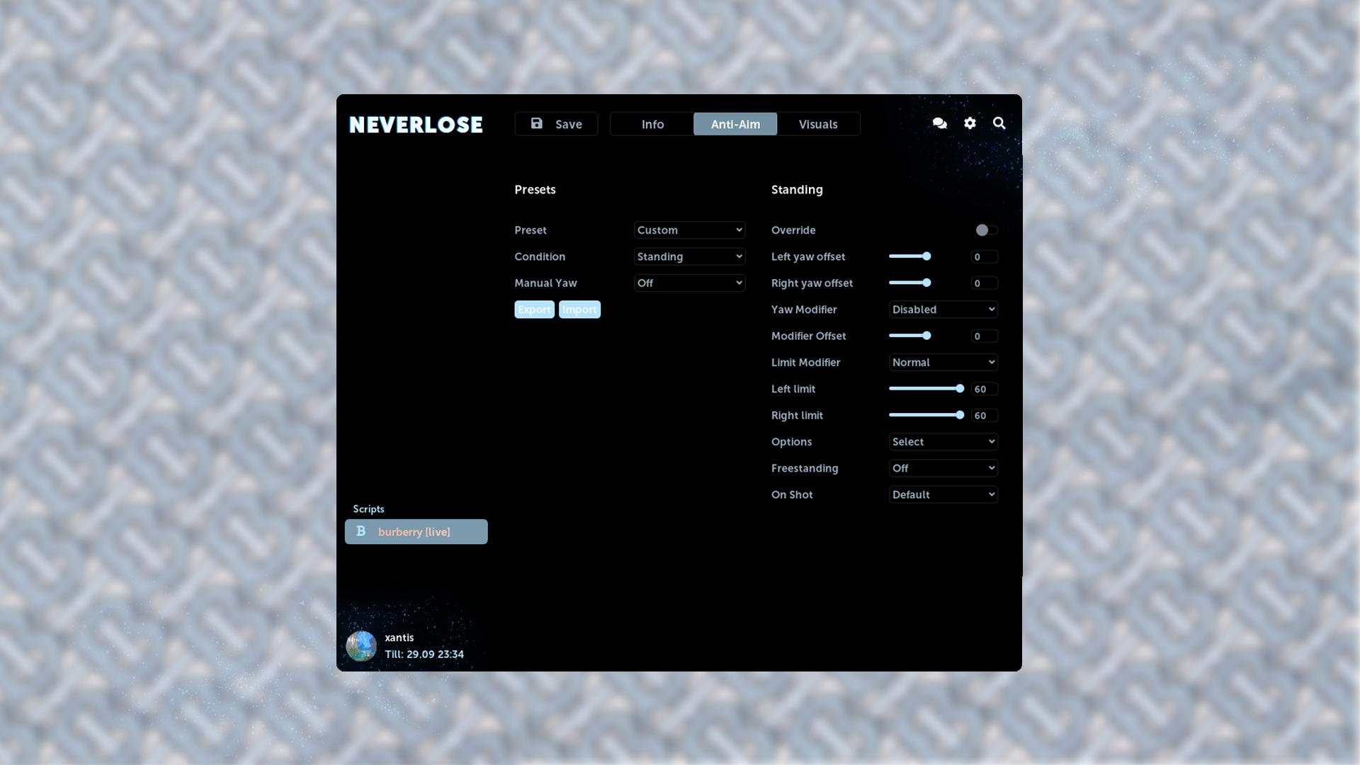 NeverLose.cc - Marketplace - Script "💮 burberry.tech [debug]"