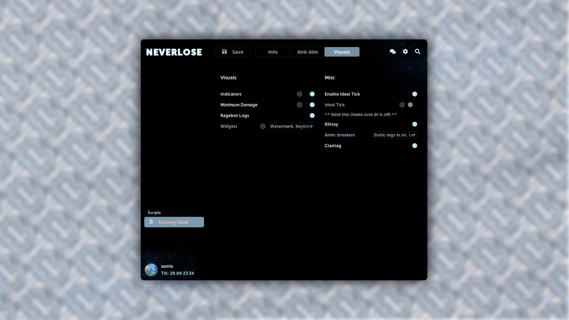 NeverLose.cc - Marketplace - Script "💮 burberry.tech [debug]"