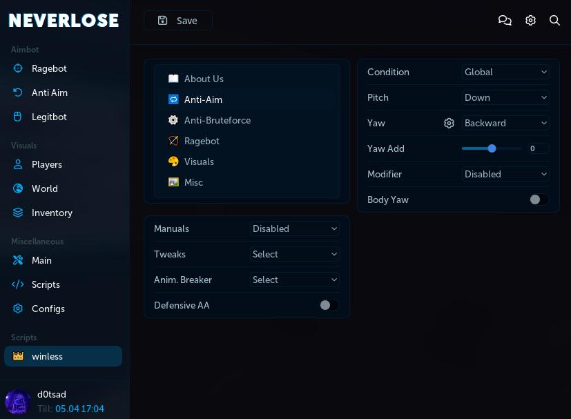 NeverLose.cc - Marketplace - Script "👑 winless.lua debug 👑"