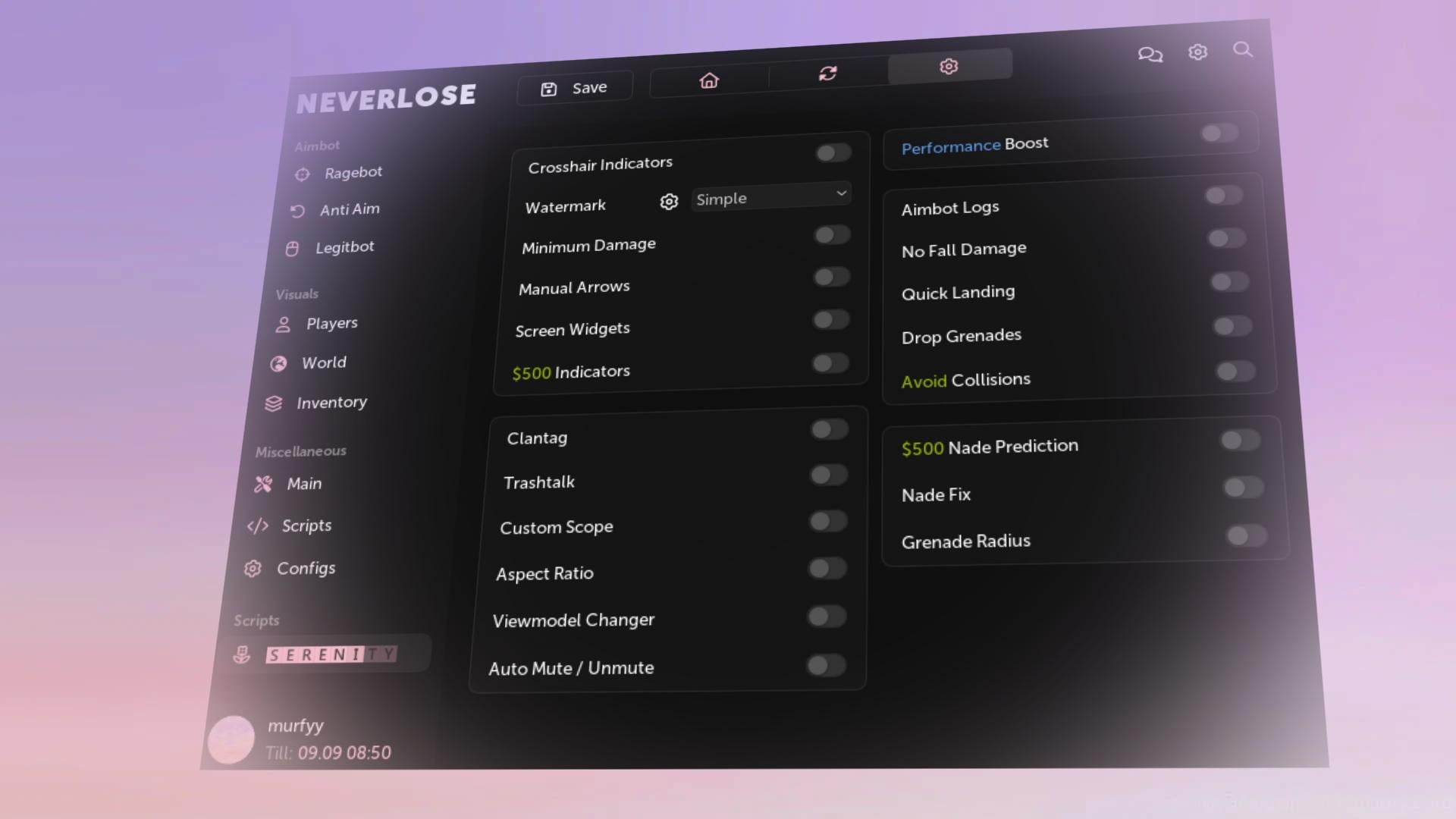 NeverLose.cc - Marketplace - Script "🌺 serenity [beta]"