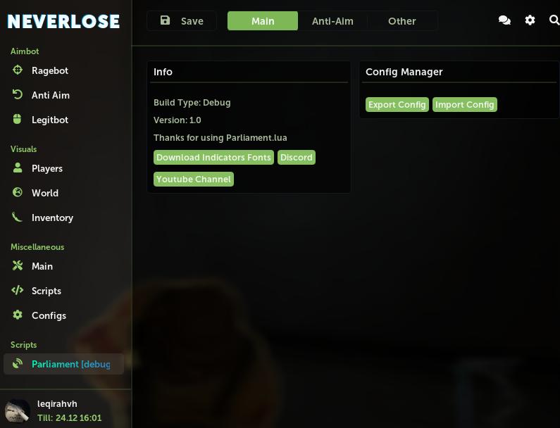 NeverLose.cc - Marketplace - Script "🚬Parliament.Lua (DEBUG)"