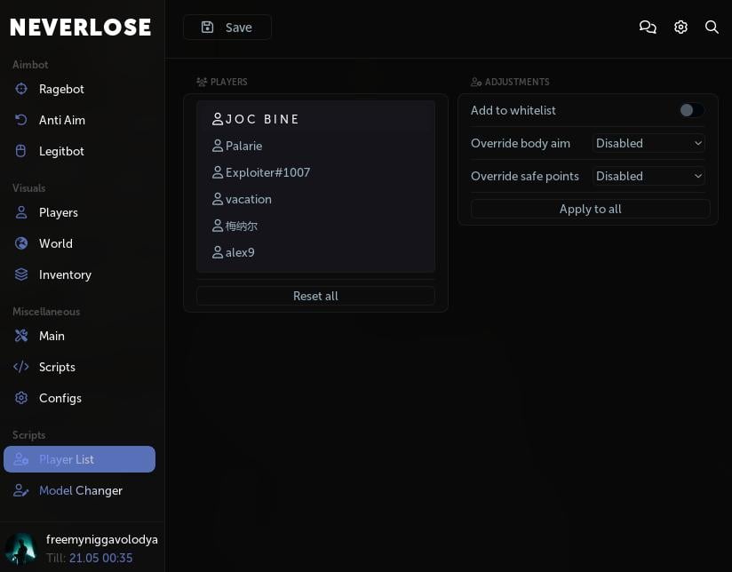 NeverLose.cc - Marketplace - Script "Player List"