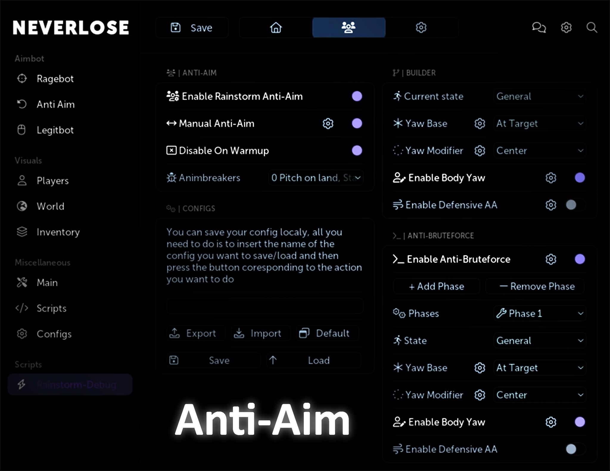 NeverLose.cc - Marketplace - Script "⚡RainStorm⚡[Debug]"