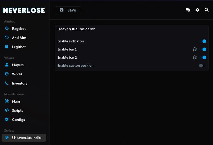 NeverLose.cc - Marketplace - Script "[BEST] Heaven.lua side indicators"