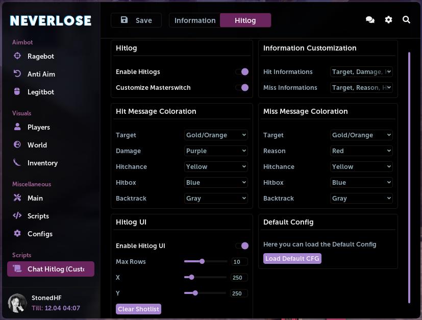 NeverLose.cc - Marketplace - Script "Chat Hitlog (Customizable)"