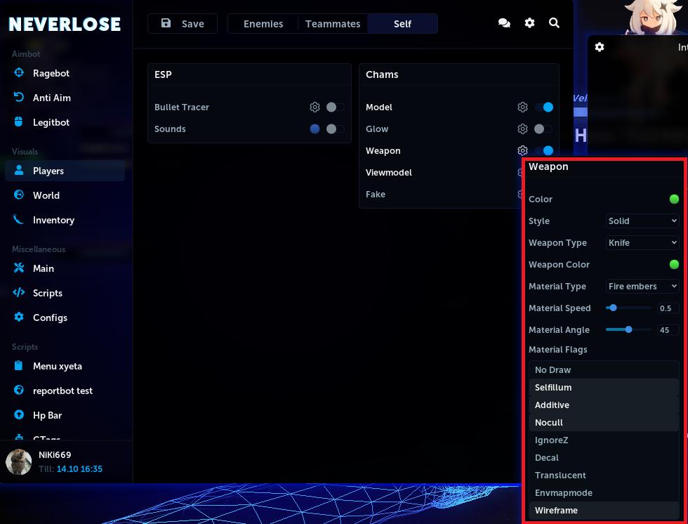 NeverLose.cc - Marketplace - Script "Customizable hands/weapon chams ...