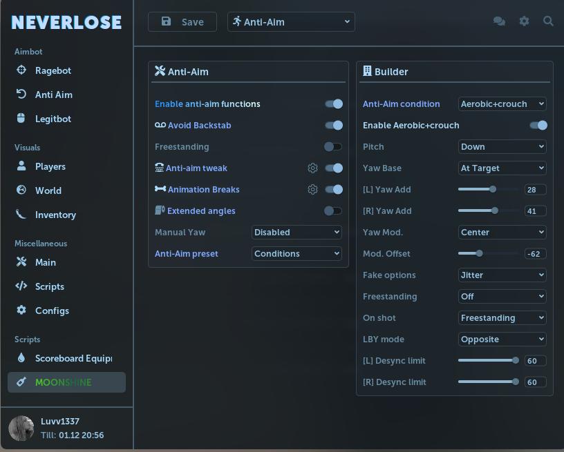 NeverLose.cc - Marketplace - Script "🎄moonshine.lua - beta | Anti-Aim ...